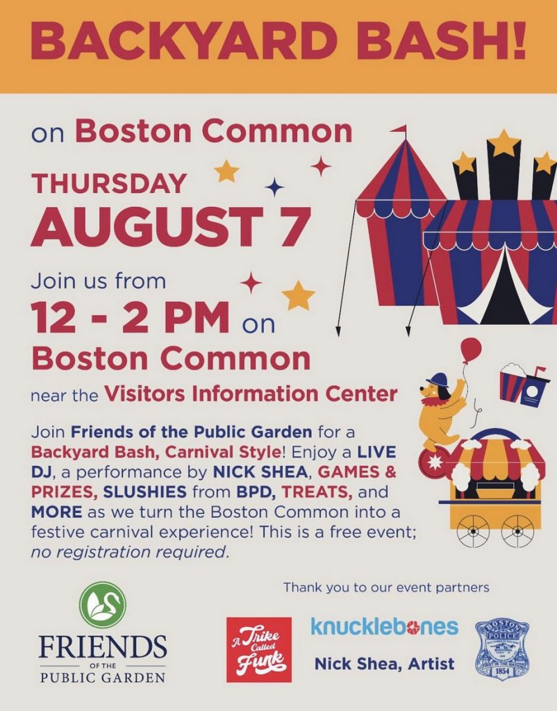 Thursday, August 7, 12:00 noon – 2:00 pm – Backyard Bash – Boston Flora